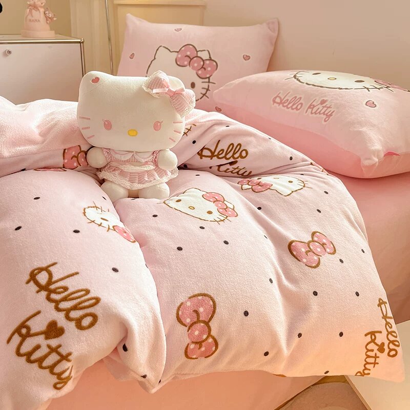 Комплект постельного белья из четырех предметов KT Cat Winter Milk Velvet, двусторонний коралловый велюр Sanrio,