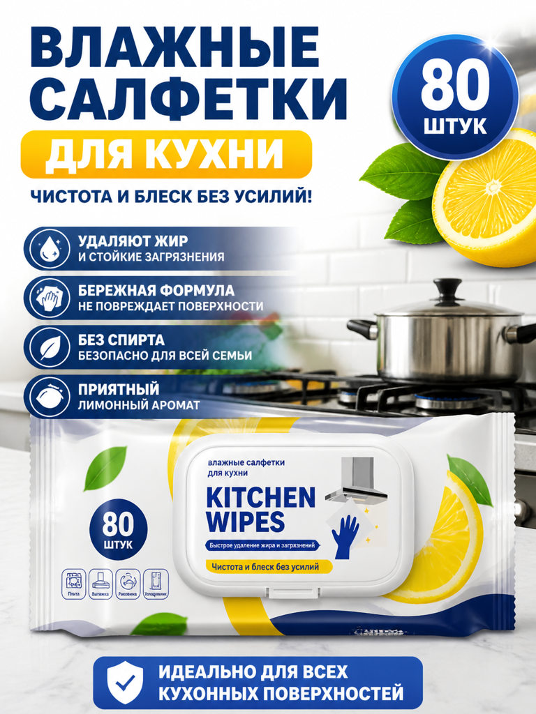 Влажные салфетки для кухни от жира 80шт хозяйственные лимонные чистящие для плиты вытяжки и посуды антижир универсальные