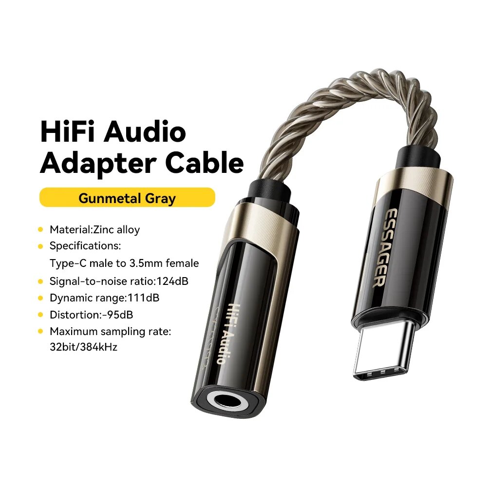 Аудиоадаптер Essager Hi-Fi: кабель Type-C на 3,5 мм для наушников, AUX, USB-C, для iPhone 17, 16, 15, Huawei, Xiaomi, iPad
