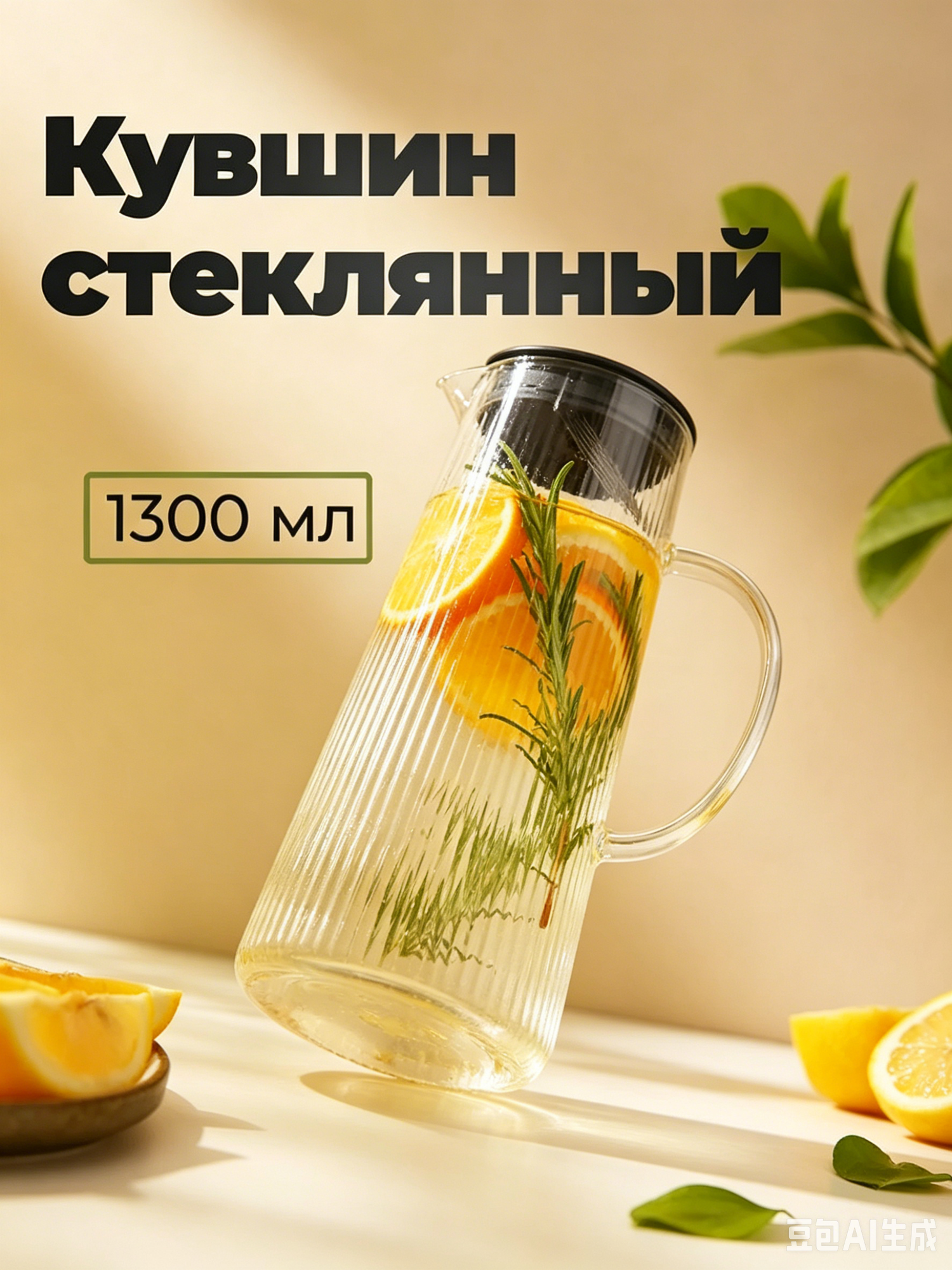 Кувшин для воды стеклянный с крышкой "Толедо", 1.3 л, прозрачный