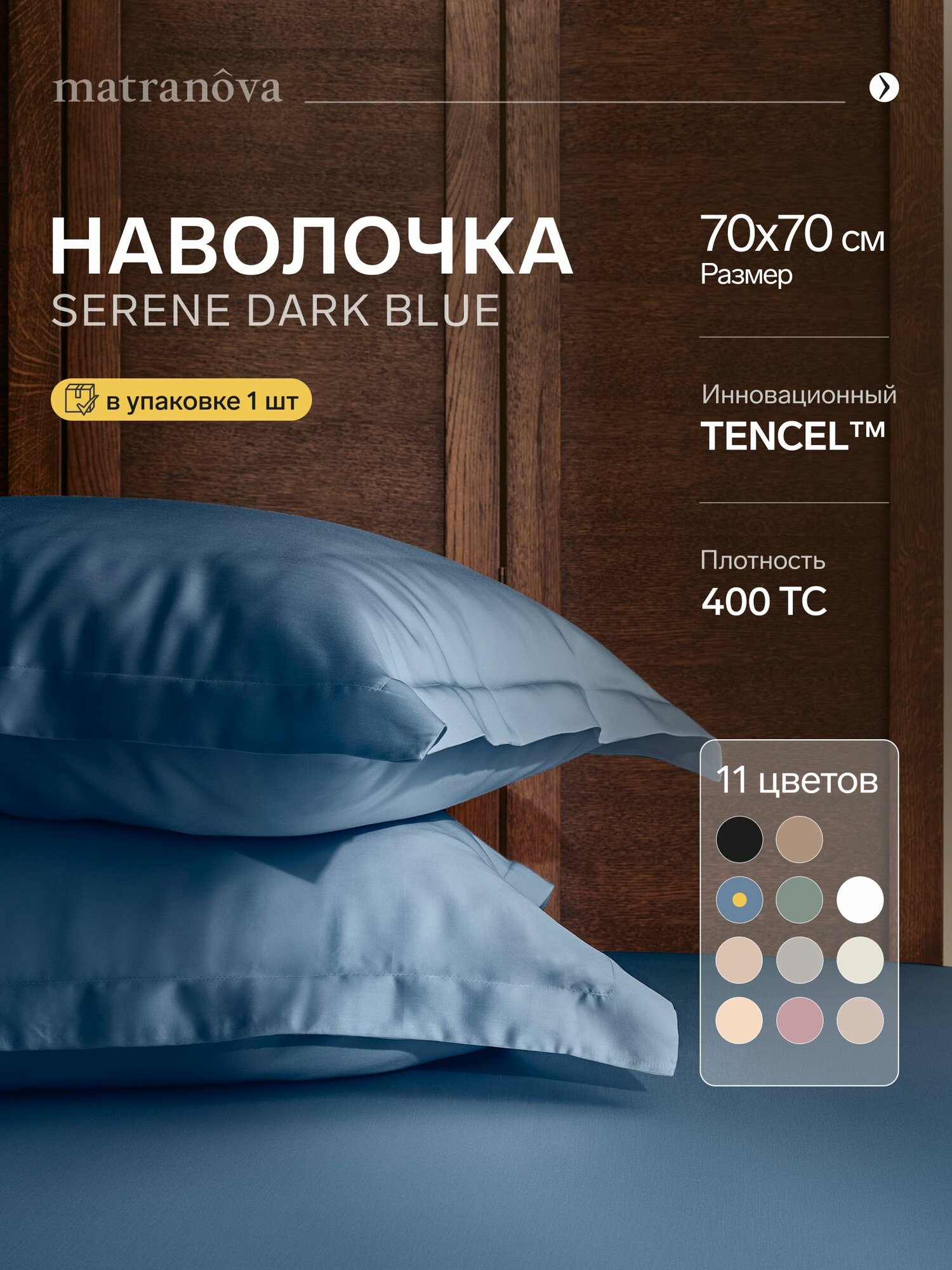 Наволочка Serene Dark Blue 70x70 из инновационного материала TENCEL
