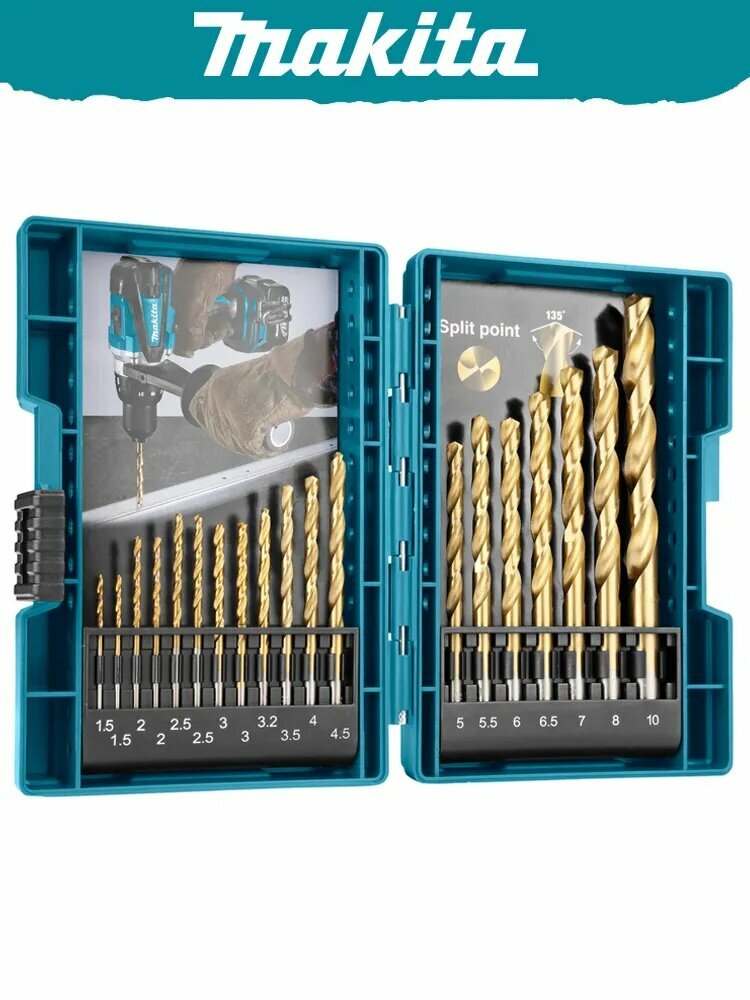 Makita D-67527 Набор сверл по металлу HSS TIN 19 предметов Цилиндрический хвостовик Аксессуары для электроинструментов
