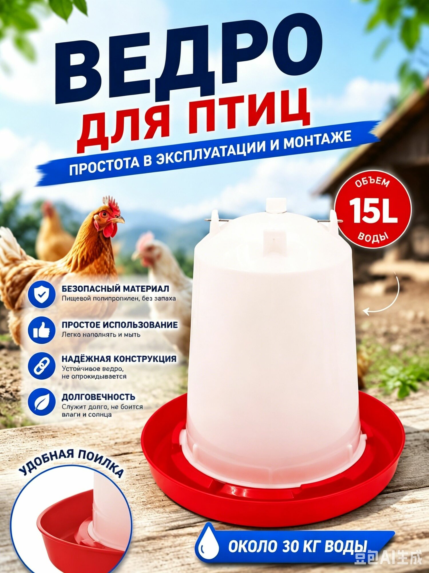 Автоматическая поилка для цыплят, объемом 15 л, для утки, гуся, индейки и кролика