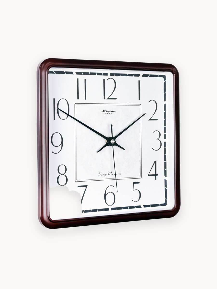 Большие настенные квадратные часы MIRRON P2875A ТДБ/Кварцевый механизм/Коричневый цвет корпуса/Белый (светлый) циферблат/Часы в комнату/В спальню