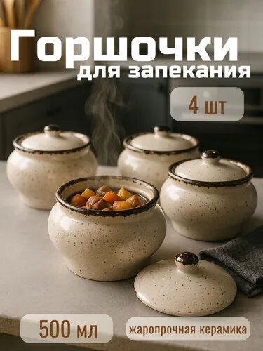 Горшочки для запекания в духовке, 4 шт, 500 мл