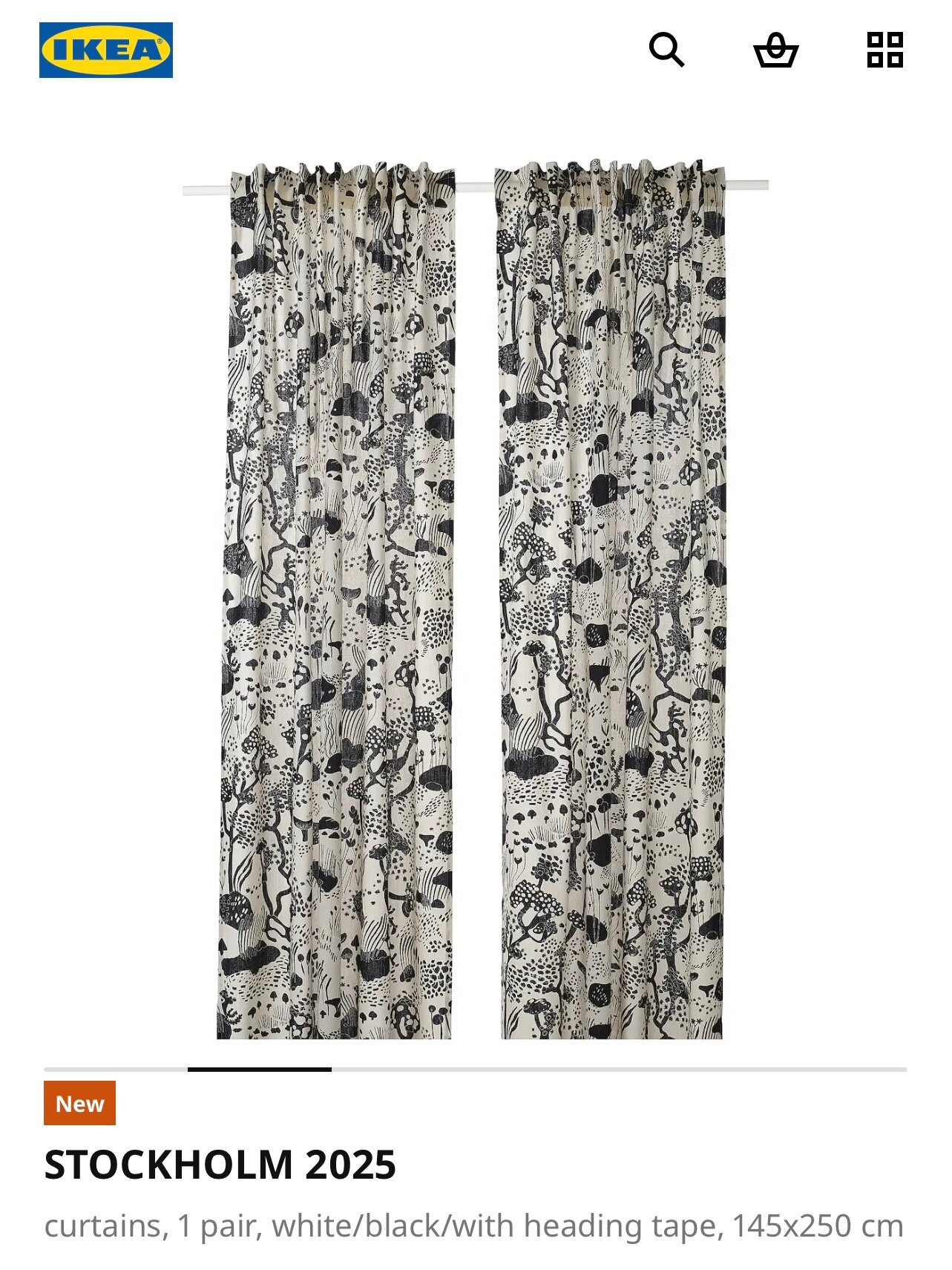 Шторы STOCKHOLM 2025 IKEA, 1 пара, белый/черный/с клейкой лентой, 145x250 см