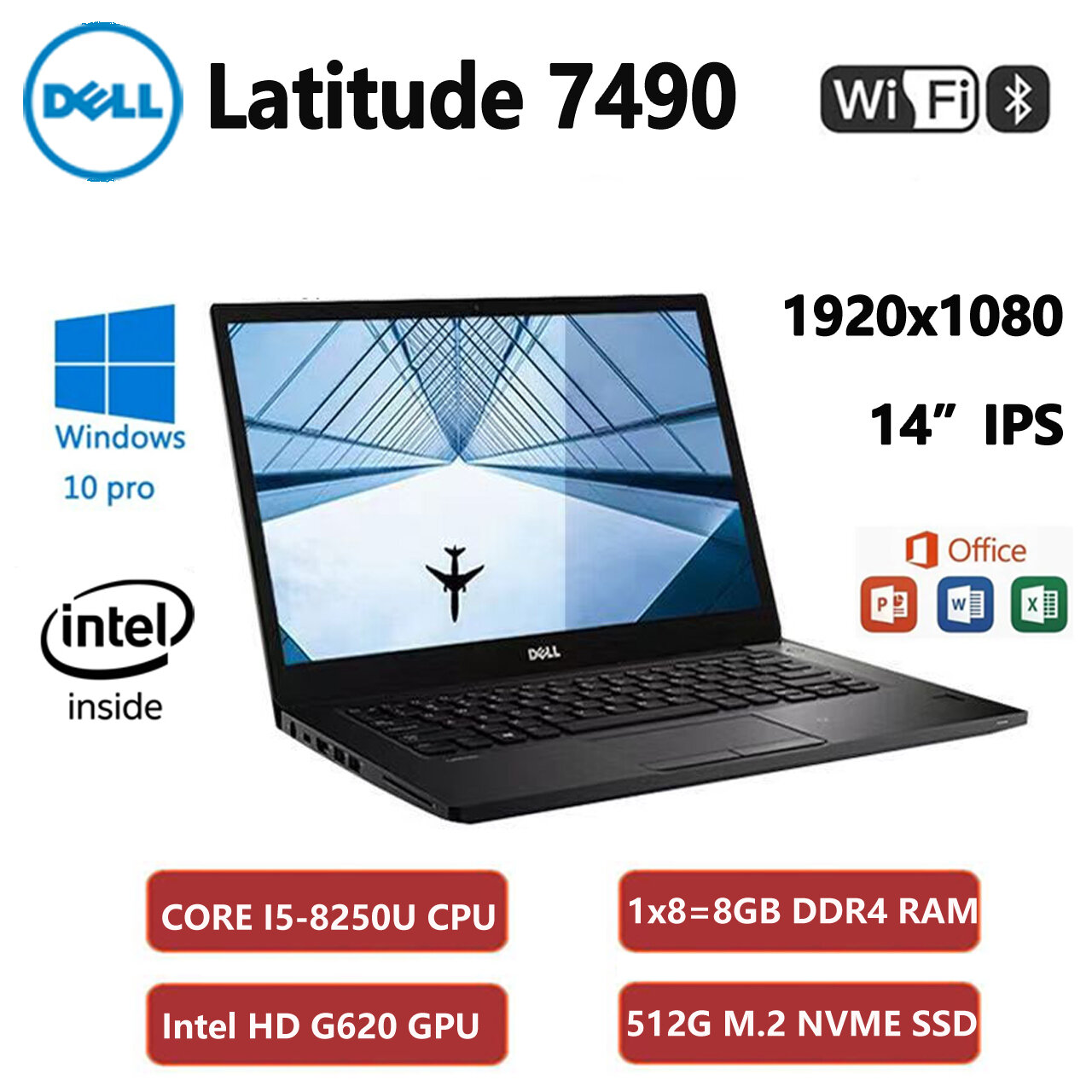 Подержанный ноутбук 14" DELL Latitude 7490 ( CORE I5-8250U+1X8GB DDR4 2400 RAM+512G M.2 NVME SSD+Intel UHD 620 Видеокарта+1920X1080 IPS 4K) Win 10 pro