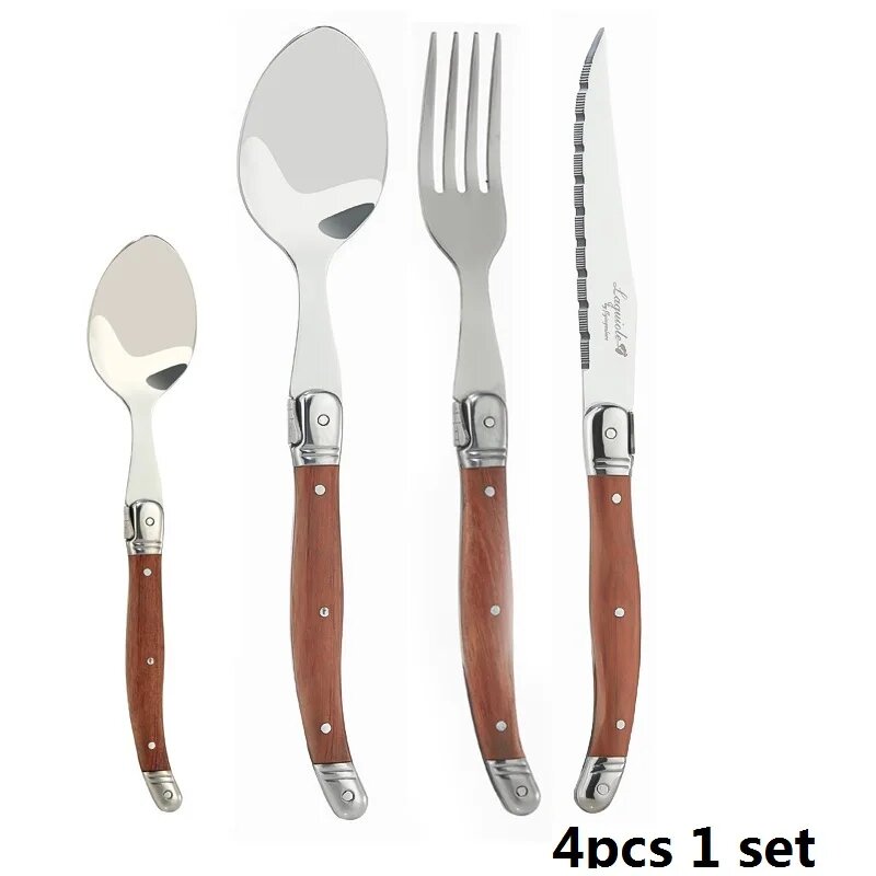 Набор столовых приборов Laguiole класса люкс, 4-24 предмета, с ручками из розового дерева, для свадебного ужина, ножи для стейка, вилки, ложки, чайные ложки из нержавеющей стали