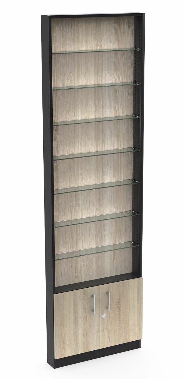 Стеллаж с 7-ю стеклянными полками 100x600 мм серии UP-7 №1 (З/C - ДВП), Дуб Венге