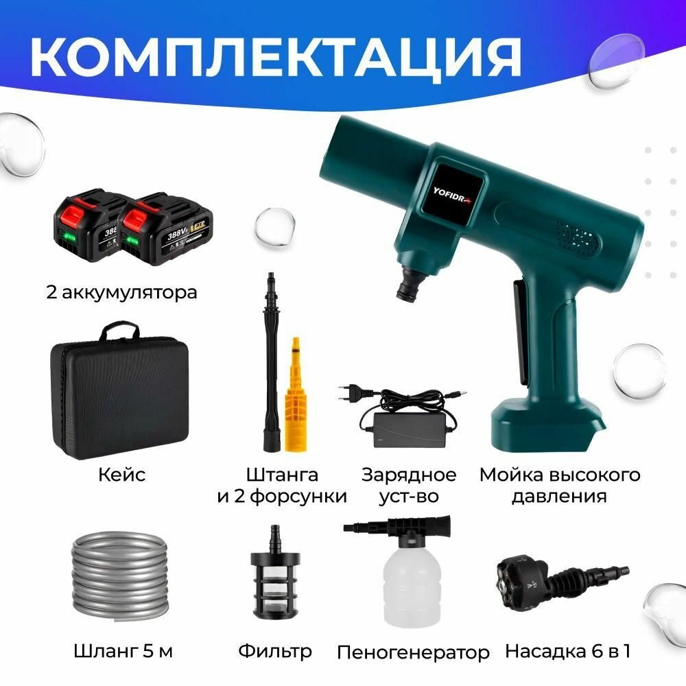 Автомойка аккумуляторная высокого давления, мойка портативная с двумя аккумуляторами Yofidra