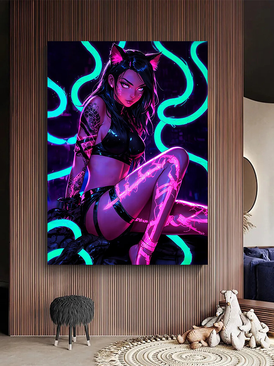 Картина на стену для интерьера - "Девушка аниме хентай неон" , 20х30 см.