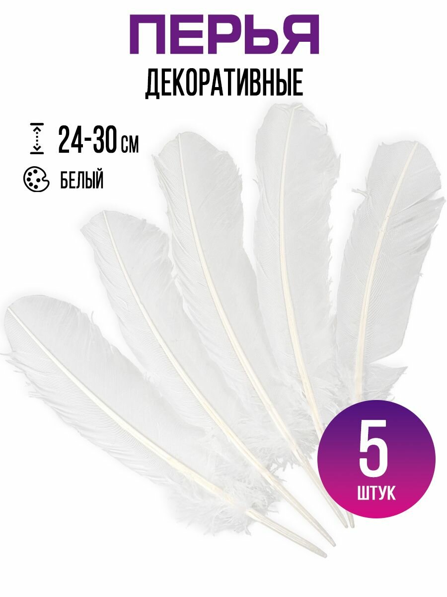 Перья декоративные 240-300 мм (белый 090), 5 штук