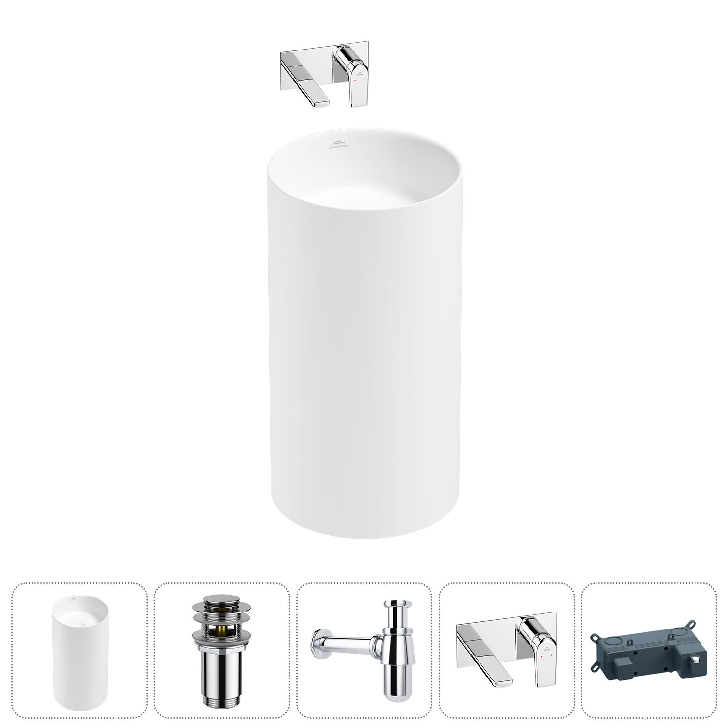 Круглая напольная раковина для ванной Wellsee Chalice Perfection 20212900R в наборе 4 в 1: напольная отдельностоящая раковина моноблок в цвете матовый белый, донный клапан, сифон, смеситель (цвет хром)