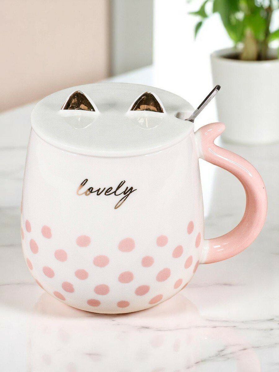 Кружка для чая "Кот с ушками в горошек" 450 мл (Lovely N 2), белая чашка с ложкой и крышкой, женская, подарочная