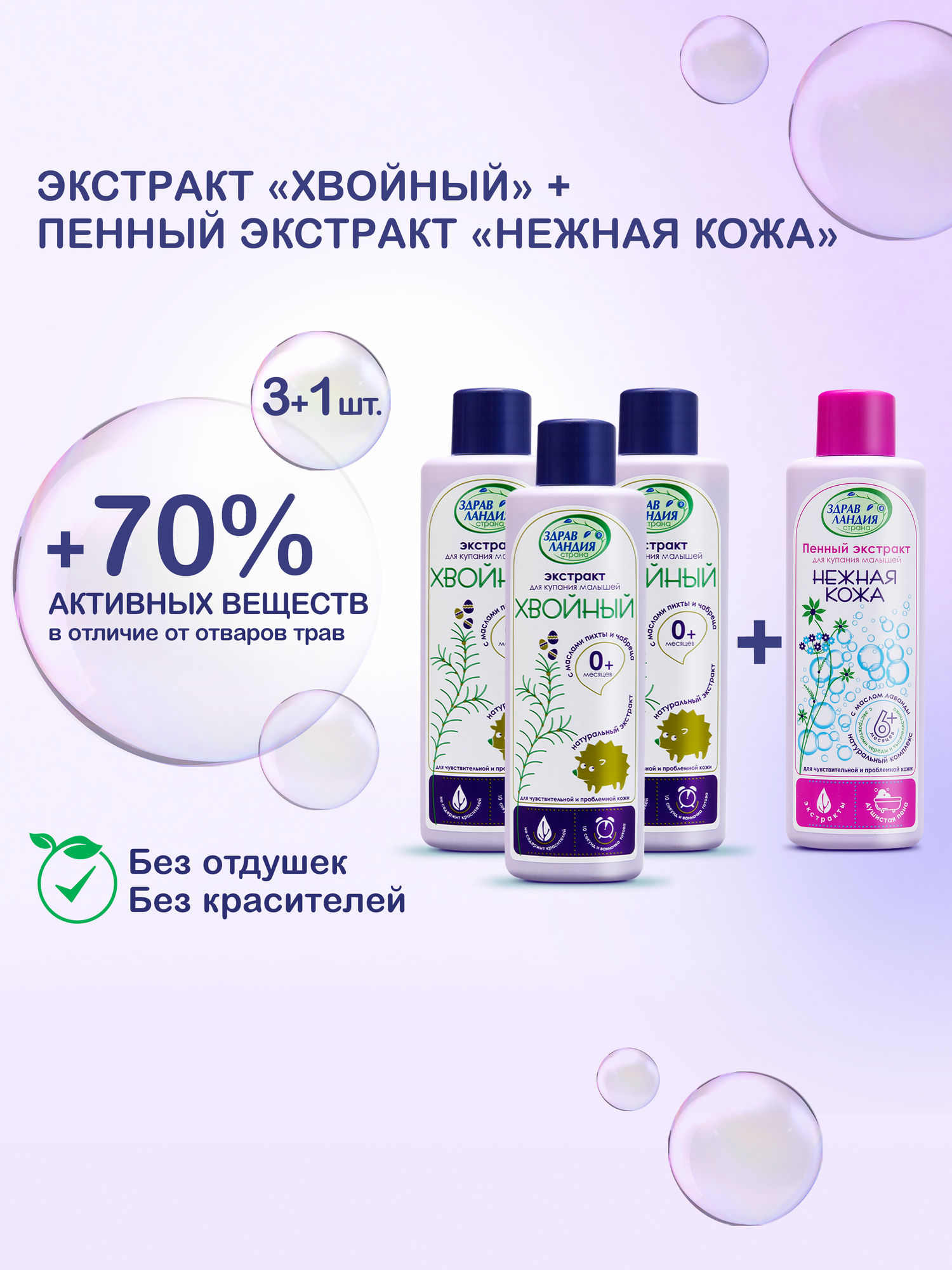 Набор для купания Страна Здравландия "Хвойные экстракты + Нежная кожа", для малышей, гипоаллергенный, 4шт.