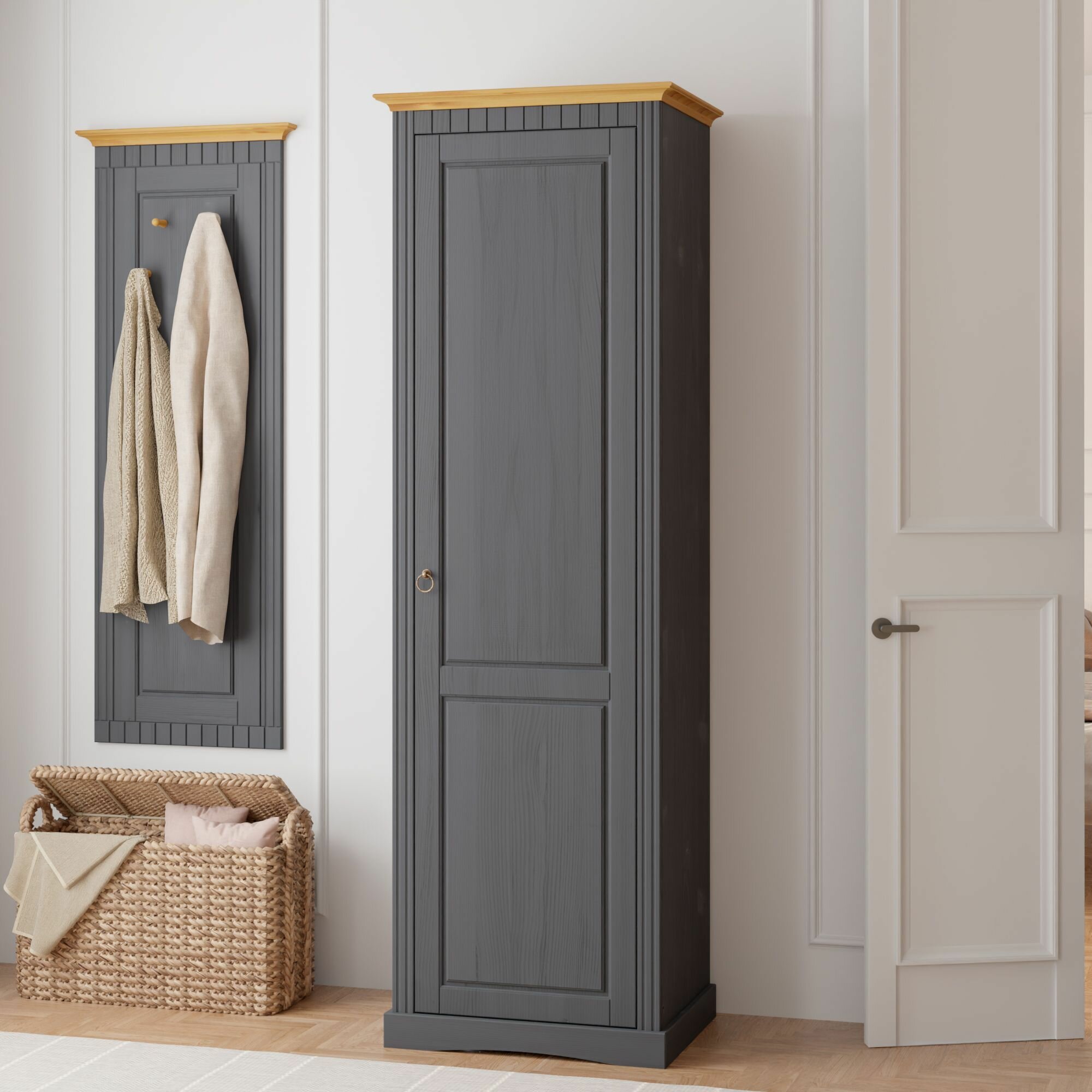 Шкаф 58х41х179, Неаполь, распашной для одежды, в прихожую, спальню, массив сосны, серый, Dipriz