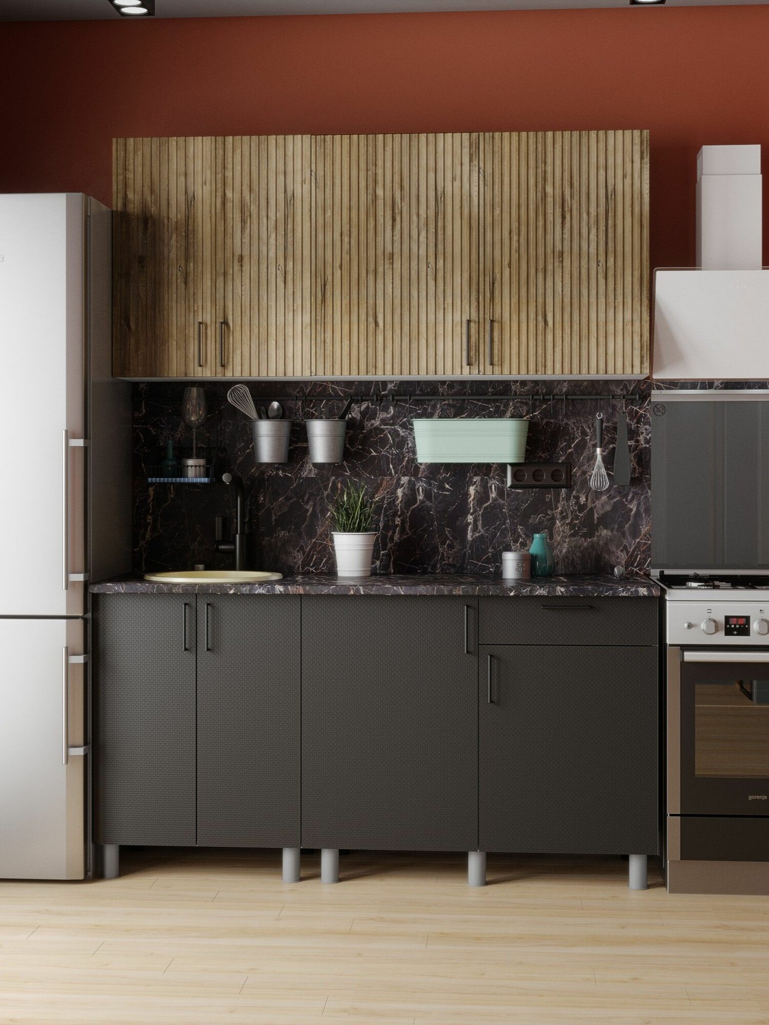 Кухонный гарнитур Кантри МДФ 1,6м дуб канадский/карбон вулкан со столешницей