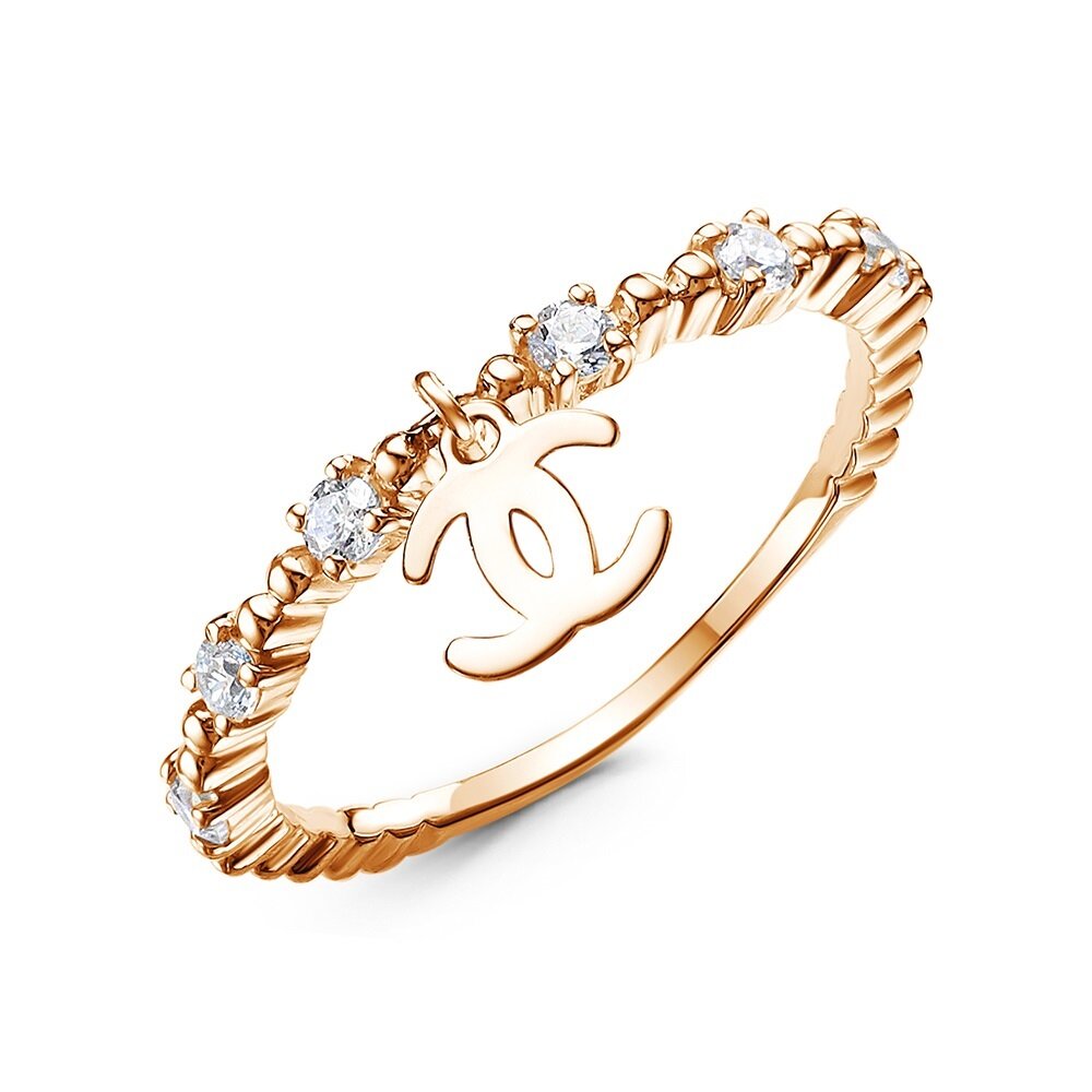 Кольцо тонкое, красное золото, 585 проба, родирование, фианит