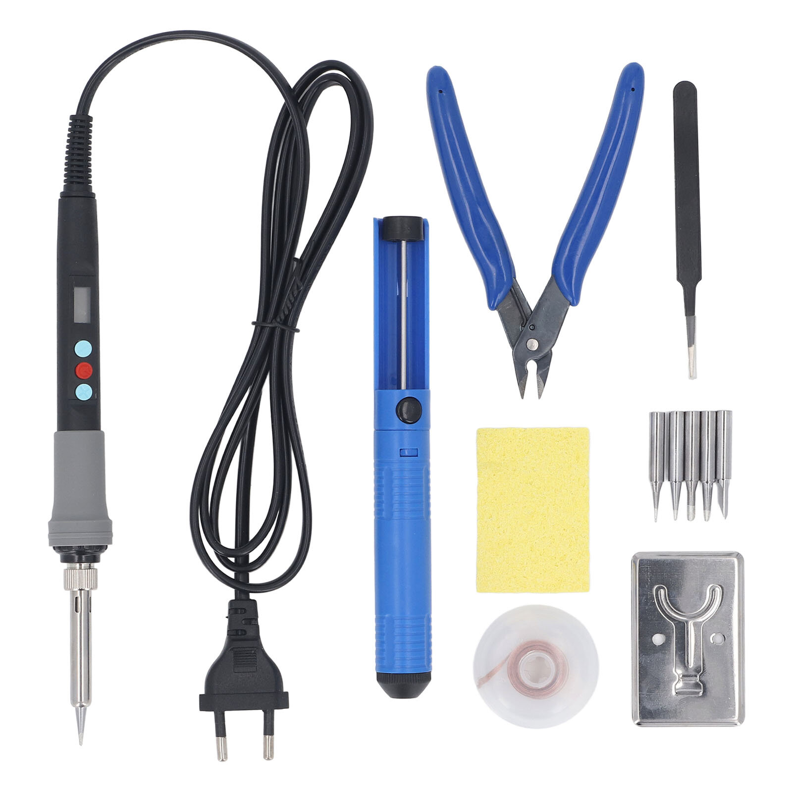 Паяльник мощностью 90 Вт с керамическим сердечником, быстрым нагревом, регулируемым ЖК-дисплеем, цифровым управлением, наконечниками, припоем, насосом для выпаивания, вилкой европейского стандарта, напряжением от 200 до 240 В.