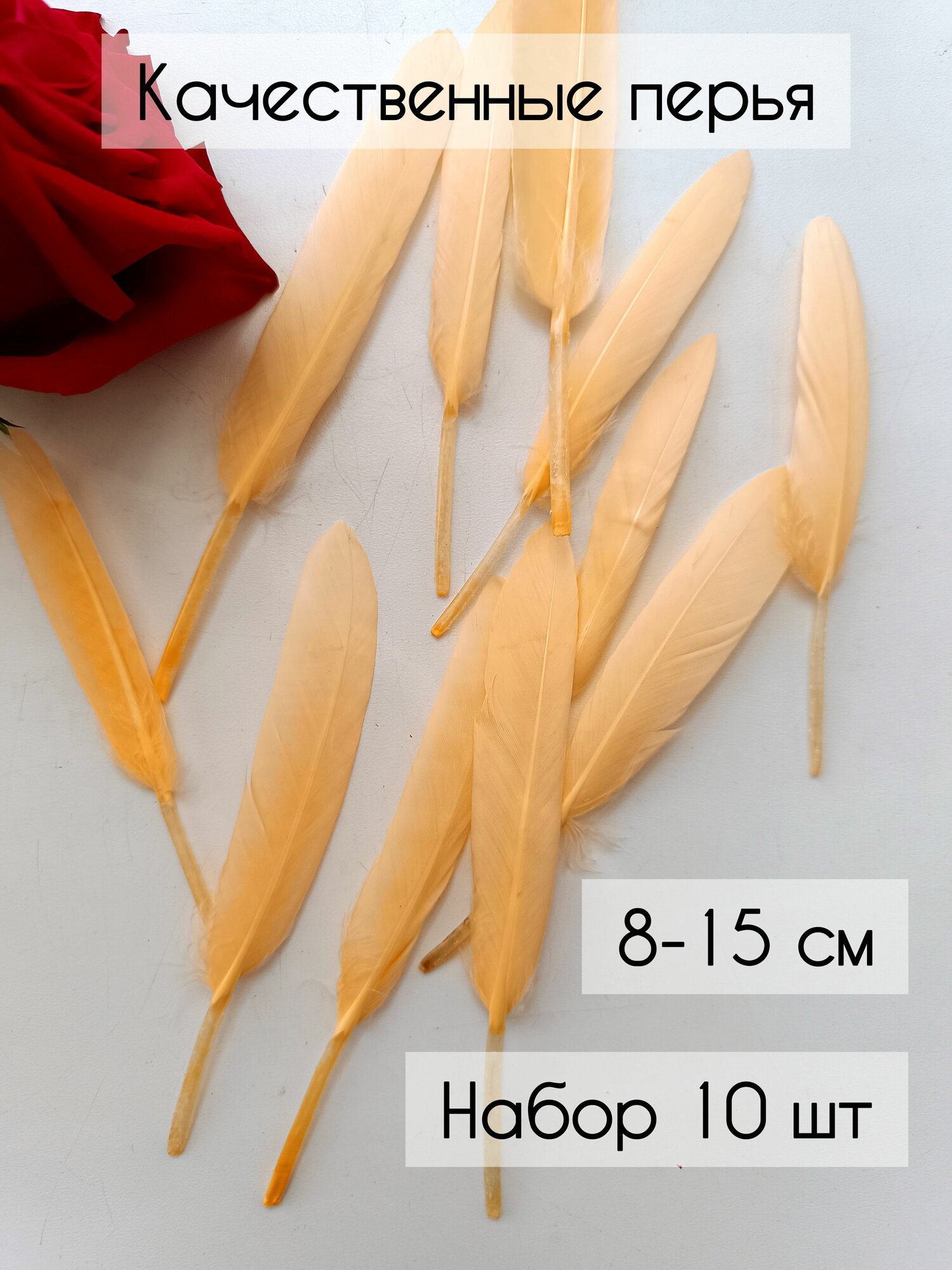 Гусиные перья. 10 шт. 8-15 см. Персик. Для декора и рукоделия. ПероМарго