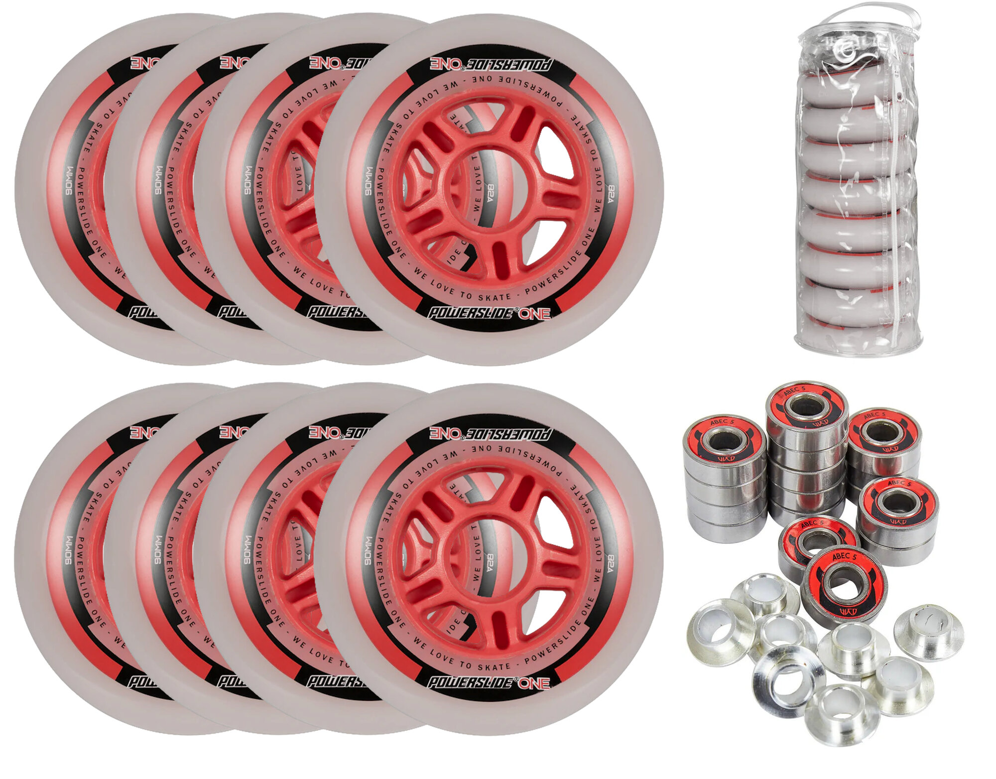 Набор колес для роликов Powerslide ONE, 90мм/82А + ABEC5 + Alu Spacer 8mm (8шт.)