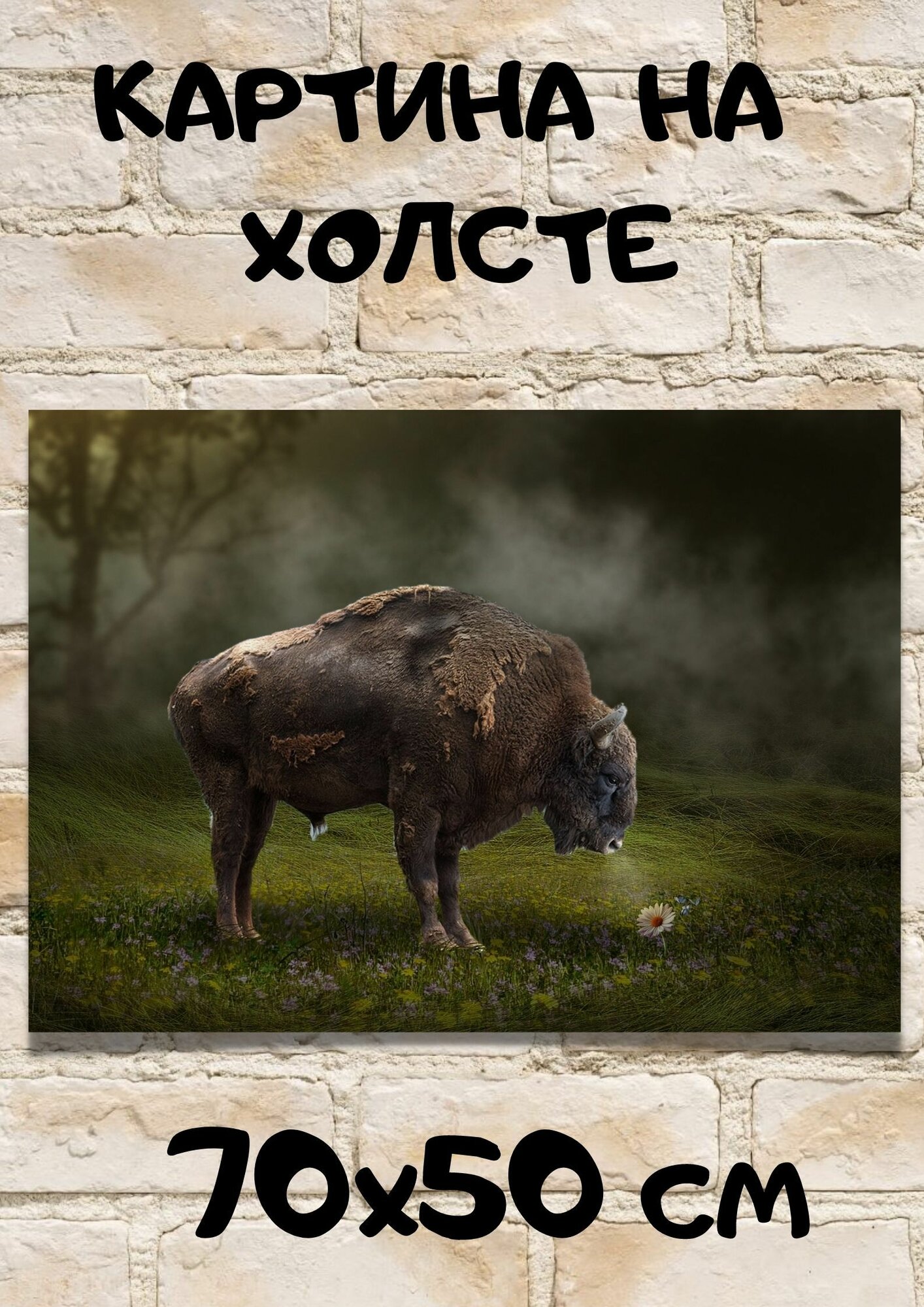 Картина с дикими животными "Большой Бизон в лесу" 70х50 см