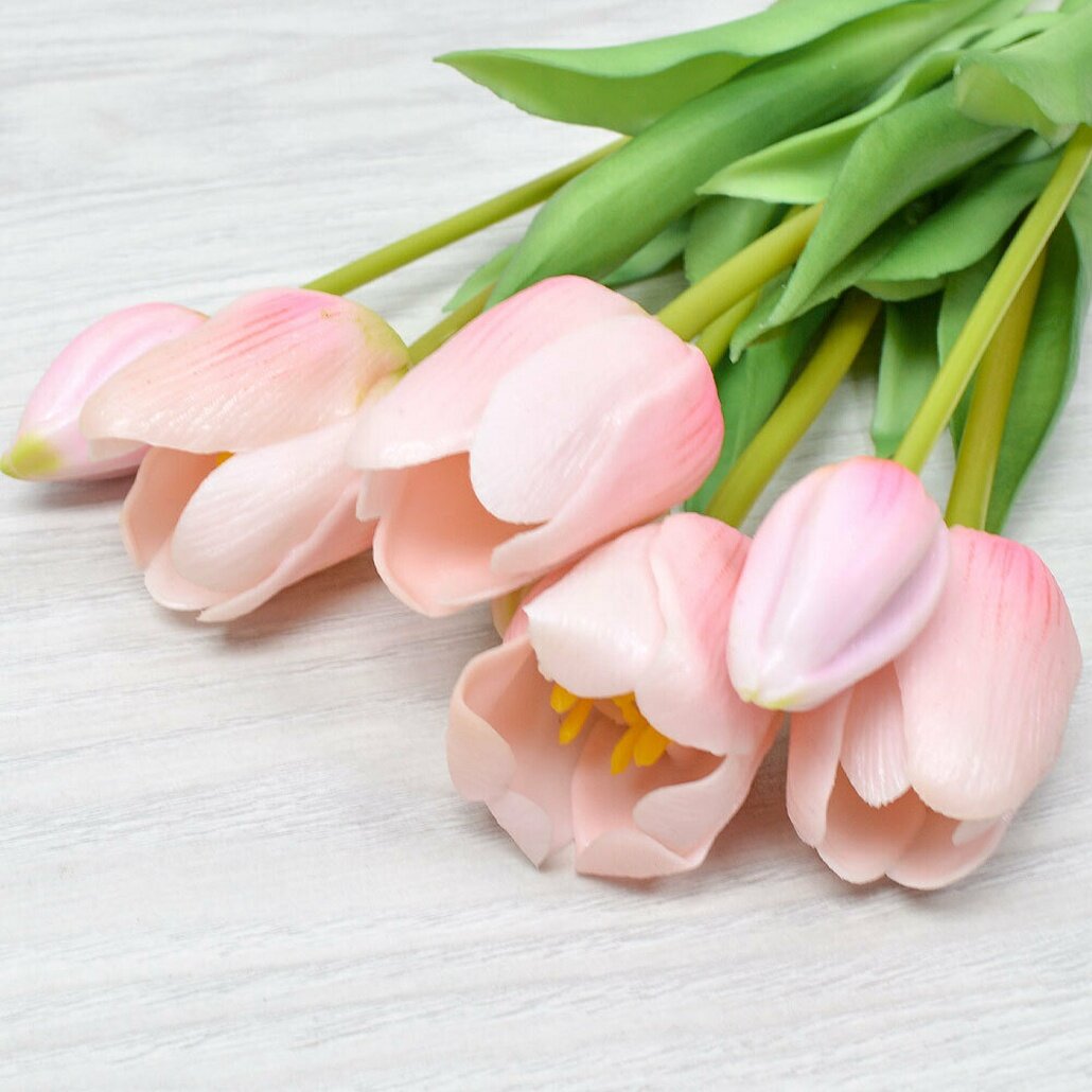 Тюльпаны искусственные 'Нежность', букет 7шт, силикон, розовый/белый/зеленый, для интерьера