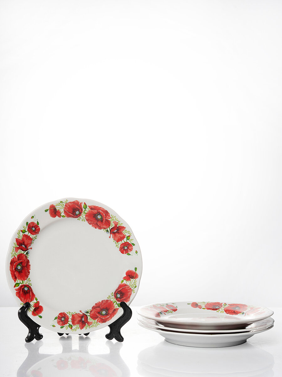 Набор фарфоровых тарелок мелких, 175мм. "Маки борт" вырезной край, Дулево 4 шт.