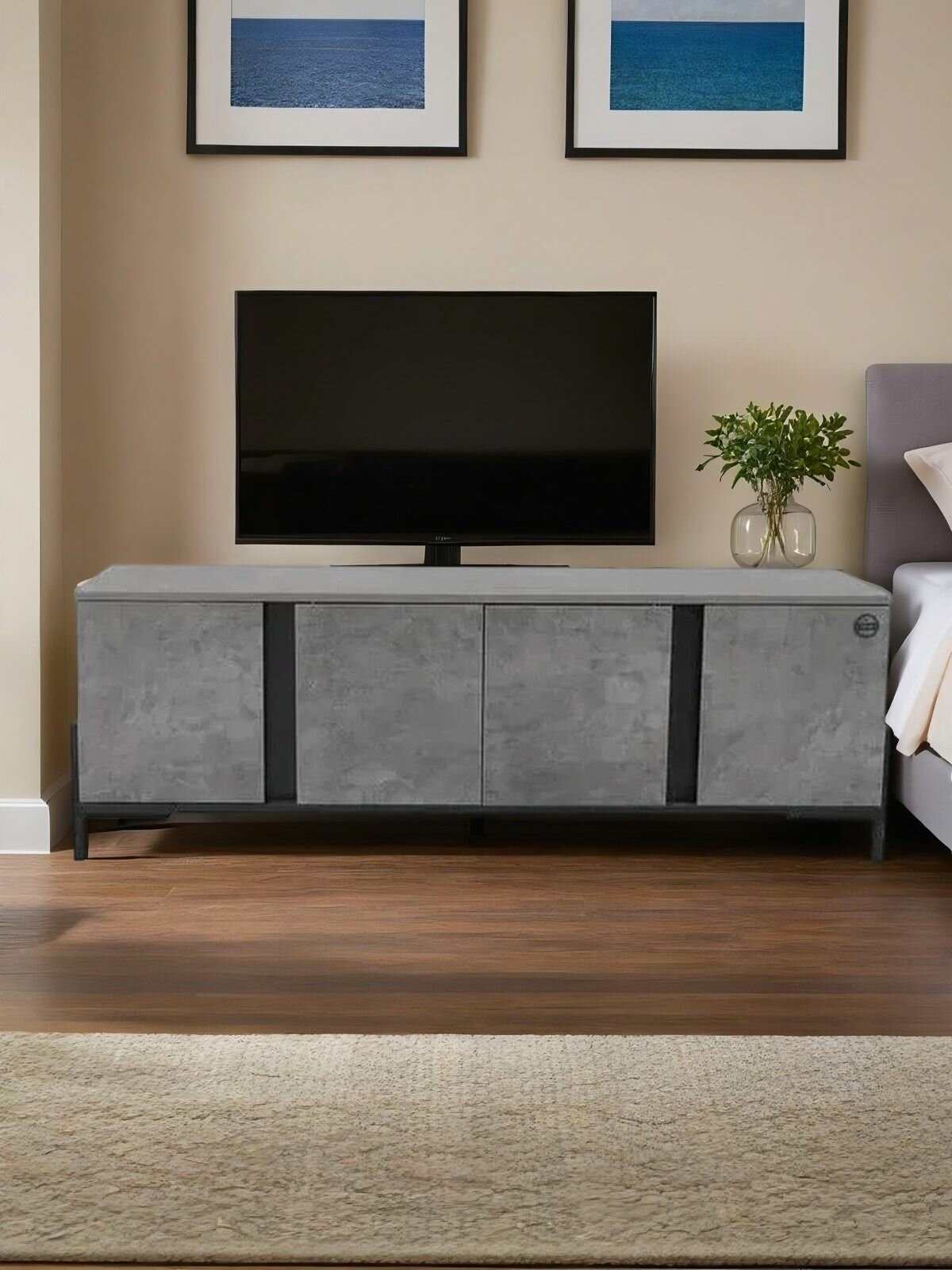 Тумба под телевизор напольная Некст 1 Ивару ТВ с полками, с дверцами, закрытая 148х40х50 камень темный