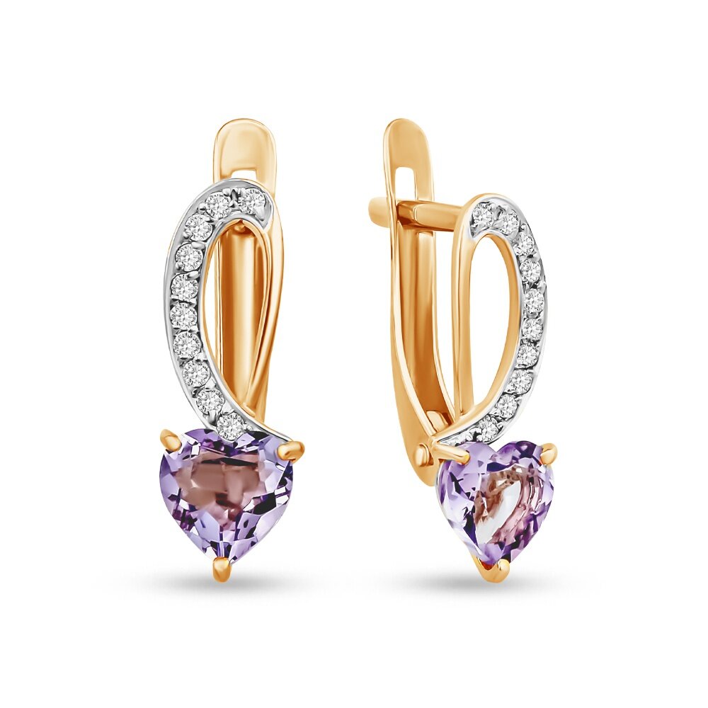 Серьги, красное золото, 585 проба, родирование, аметист, бриллиант