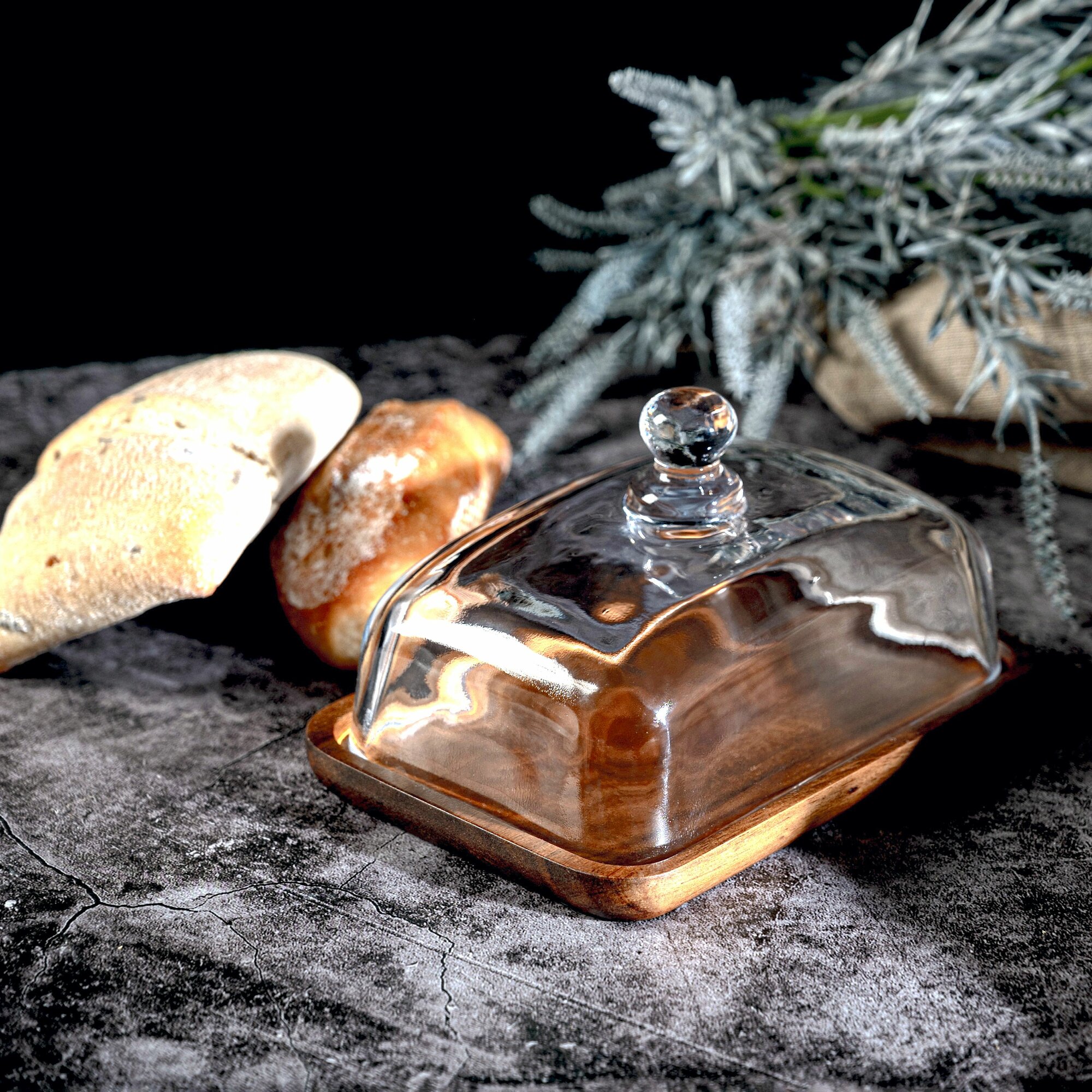 Масленка "Акация", деревянная, стеклянная крышка, для сливочного масла и сыра