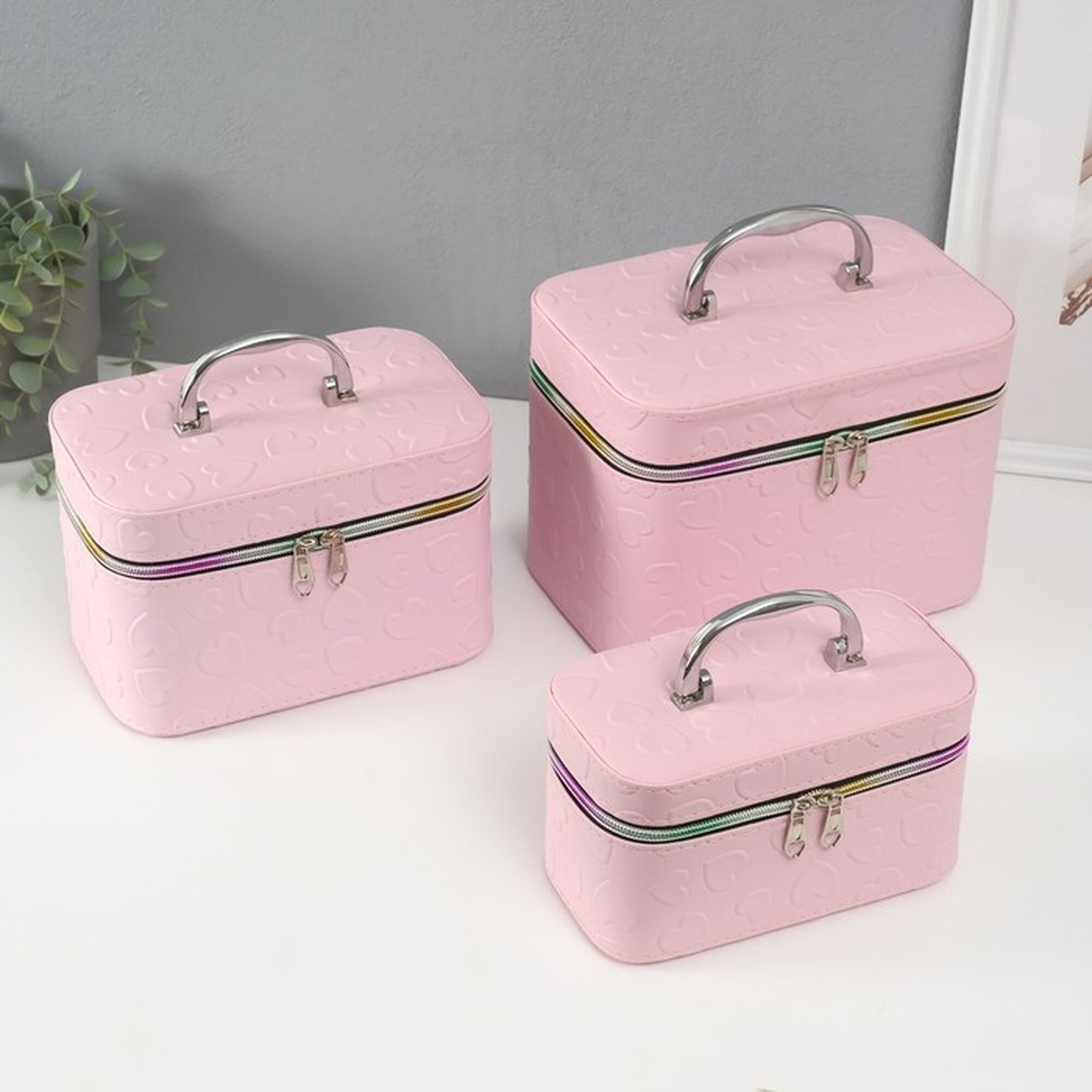 Набор шкатулок для украшений с зеркалом «Сердца», 3 шт, искусственная кожа, св. розовая