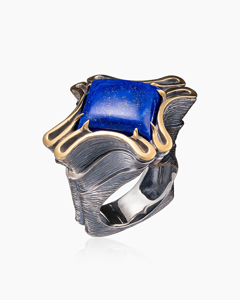 Кольцо, серебро, 925 проба, чернение, золочение, лазурит