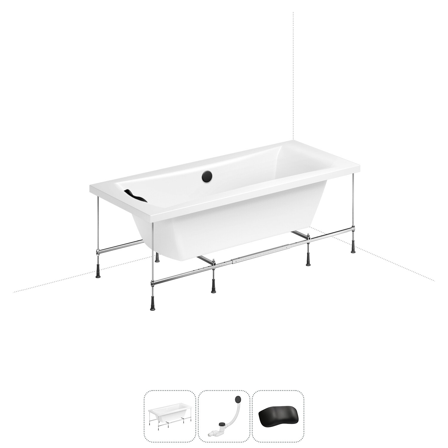 Акриловая ванна 200x90 с каркасом Lavinia Boho Evan 20220935R в наборе 4 в 1: прямоугольная ванна 200 x 90 см, каркас, слив-перелив, подголовник