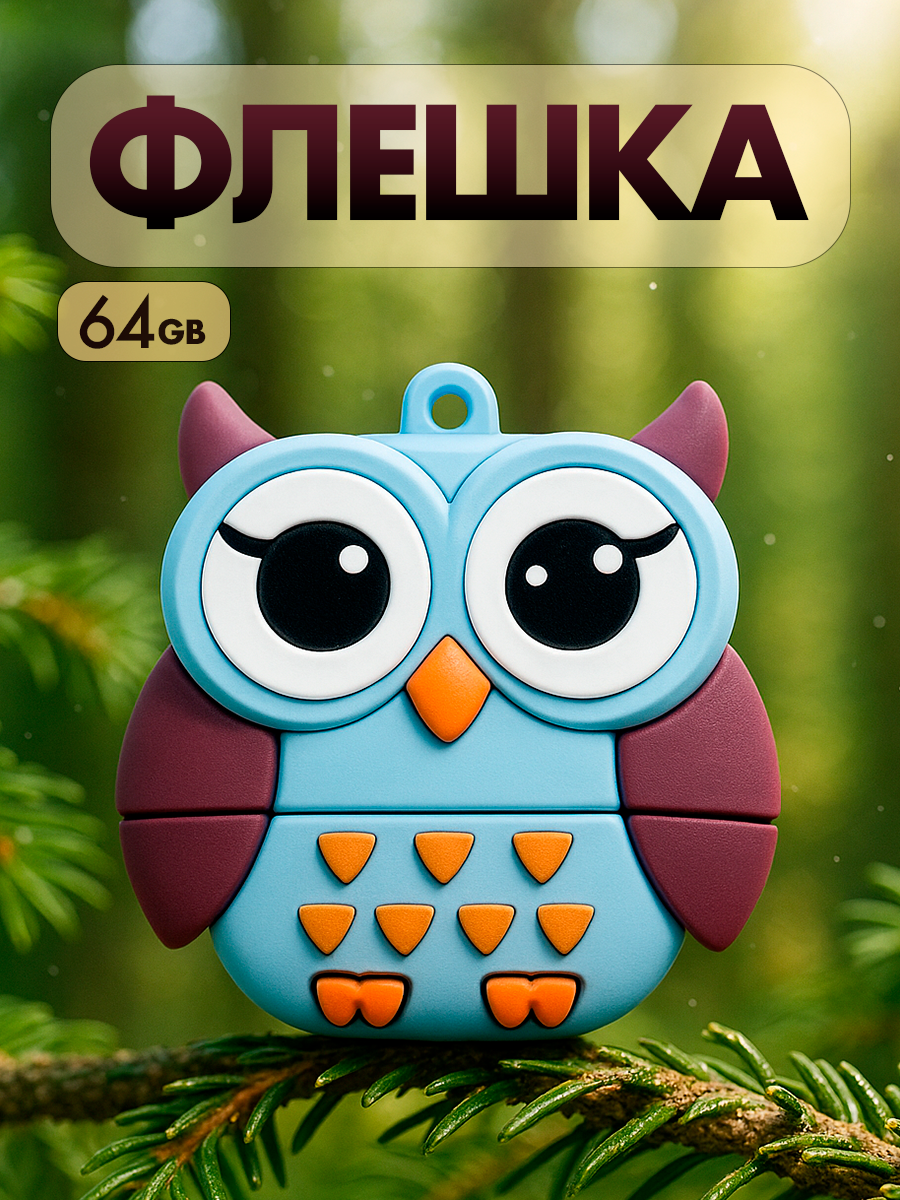 Флешка Сова 64 гб, USB накопитель 64 gb, Flash карта подарок, Подарочная флэшка, Прикольная юсб память