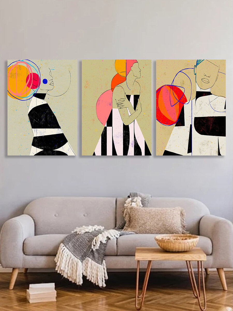 Модульные картины на стену / триптих - "Женские силуэты абстракция", картина 3 шт, модуль 40х90 см
