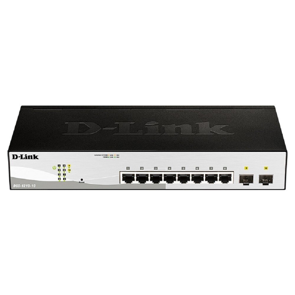 Коммутатор D-Link DGS-1210-10/F1A Настраиваемый L2 коммутатор с 8 портами 10/100/1000Base-T и 2 портами 1000Base-X SFP