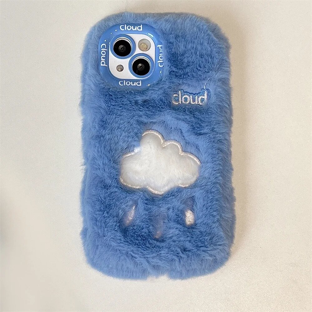 Плюшевый чехол для телефона с вышивкой в виде облака, подходит для iPhone 11, 12, 13, 14, 15 Plus 16 Pro Max, защитный чехол с тонкими отверстиями и мультяшным рисунком объектива
