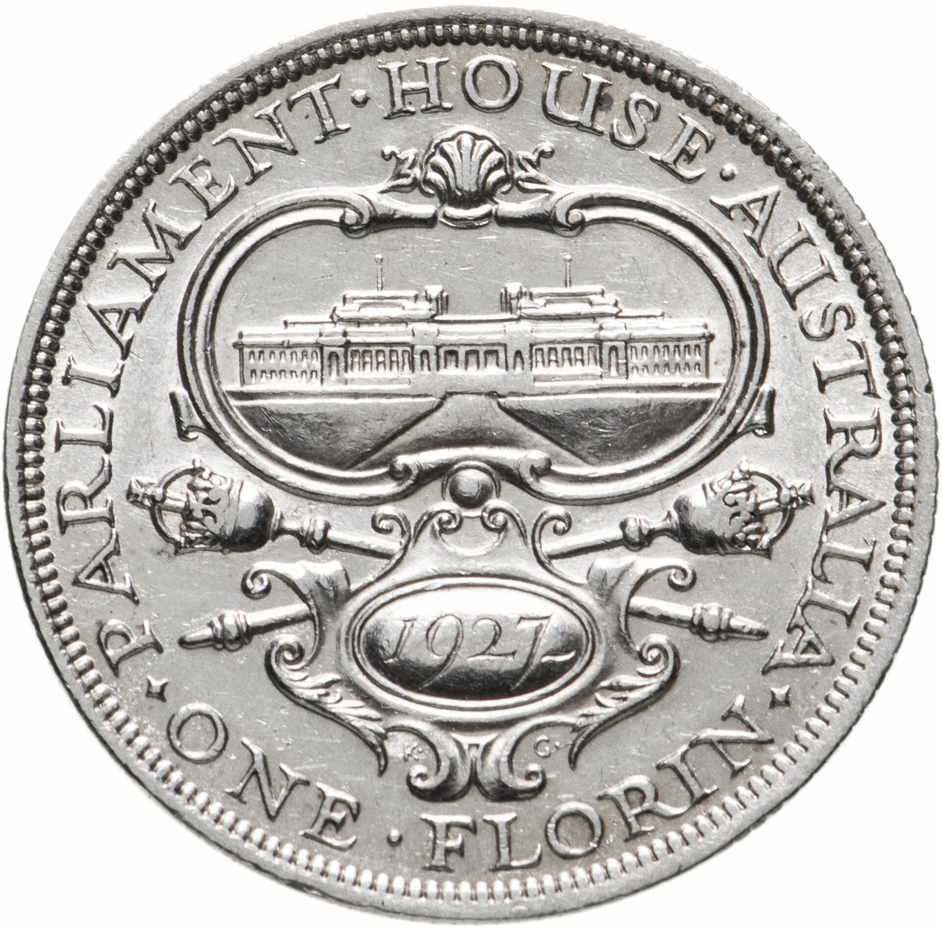 Австралия 1 флорин 1927 "Открытие здания парламента в Канберре", серебро 925 пробы, вес 11,31г, сохранность XF в пластиковом холдере