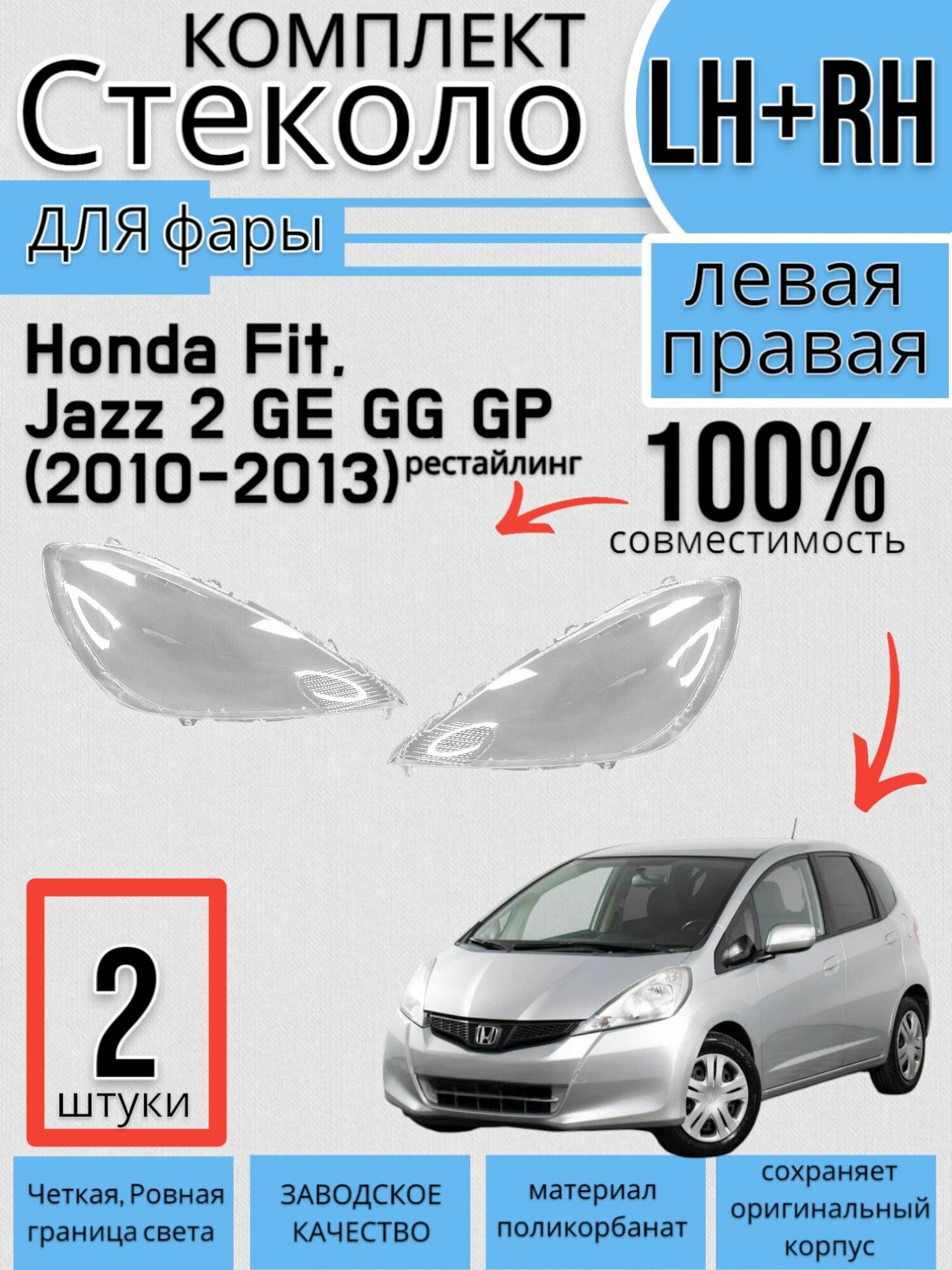 Стекло фары Honda Fit, Jazz 2 GE GG GP (2010-2013) рест Комплект