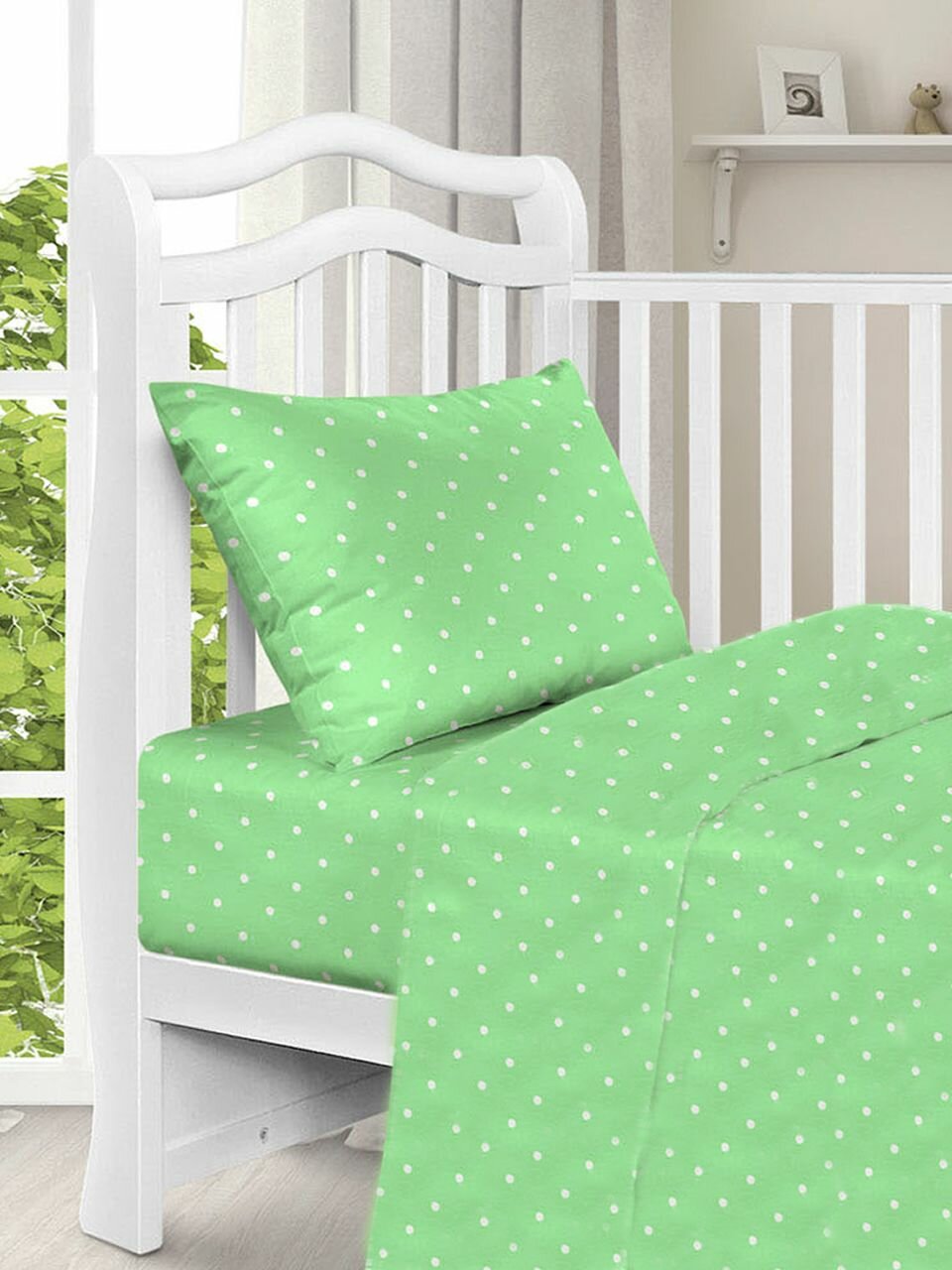 Простыня поплин 80х120 - "Горошек на зеленом"