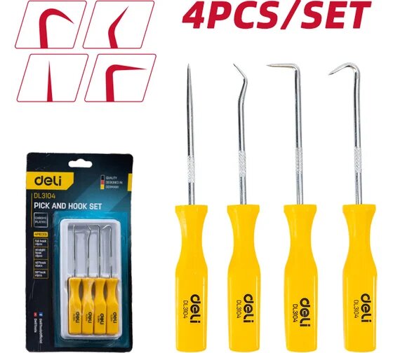 Набор крючков для слесарных работ DELI 4 шт DL3104 (шило, крючки изогнутый, 45, 90, пластиковая рукоятка) 168326