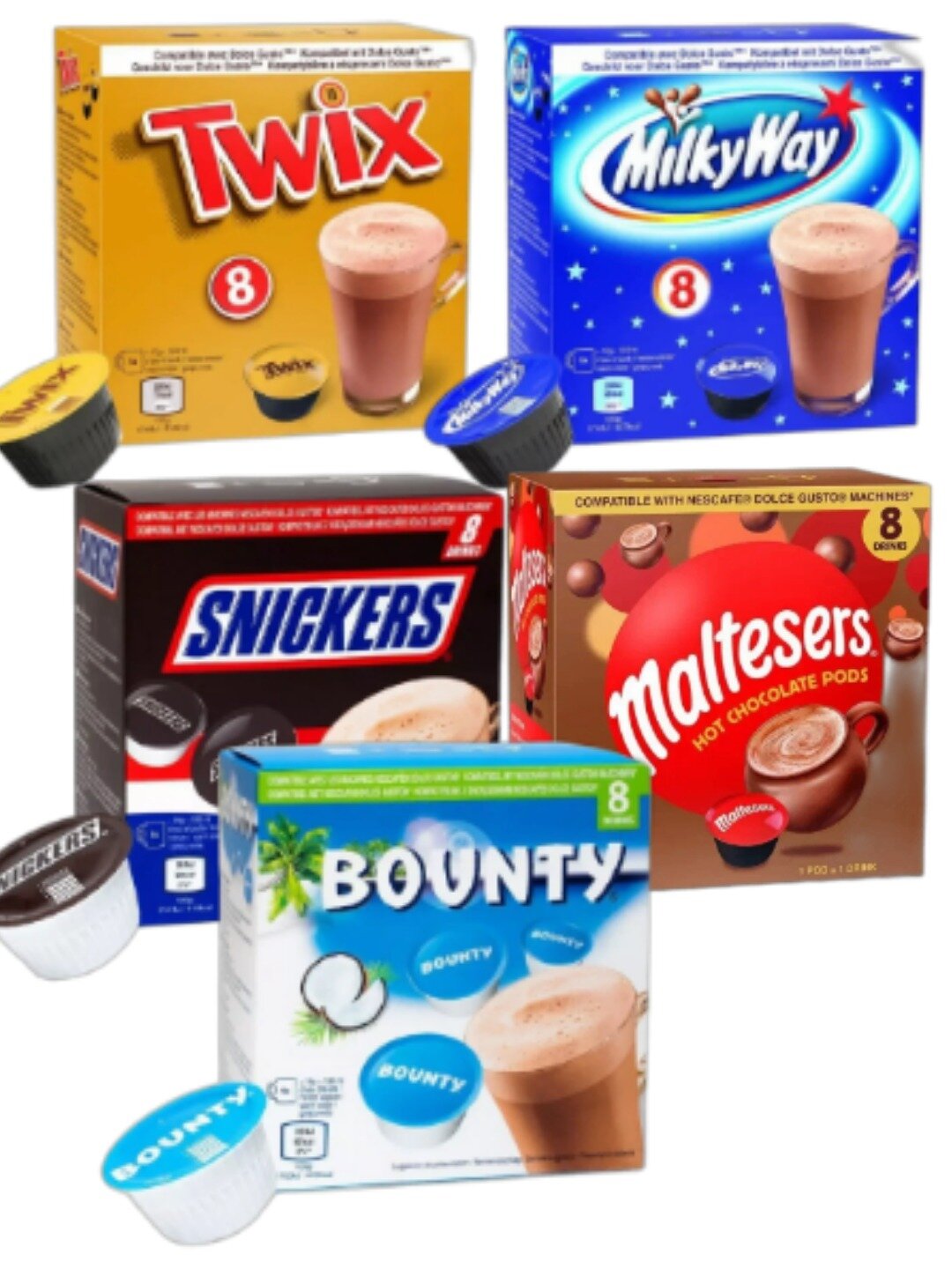 Горячий шоколад в капсулах Dolce Gusto Snickers, Bounty, Twix, Maltesers, Milky Way 5 шт