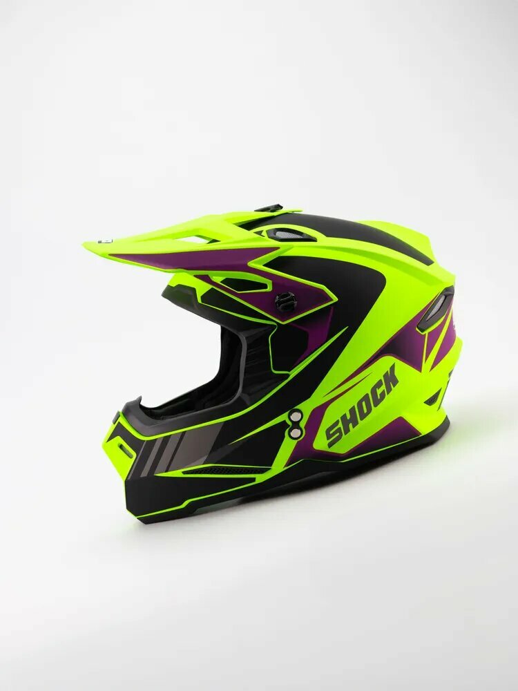 Мотошлем кроссовый SHOCK NEW MATT LIGHT GREEN/BLACK PURPLE размер S для мотоциклиста