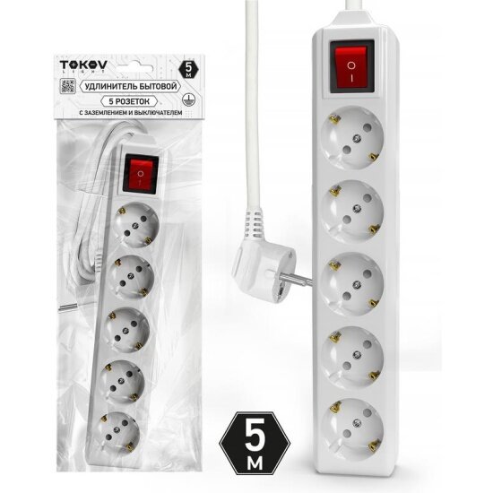 Удлинитель Tokov Electric 5х5м с заземл. с выкл. 10А 3х1.5, TKL-C01-BU5-5-1.5-ZV