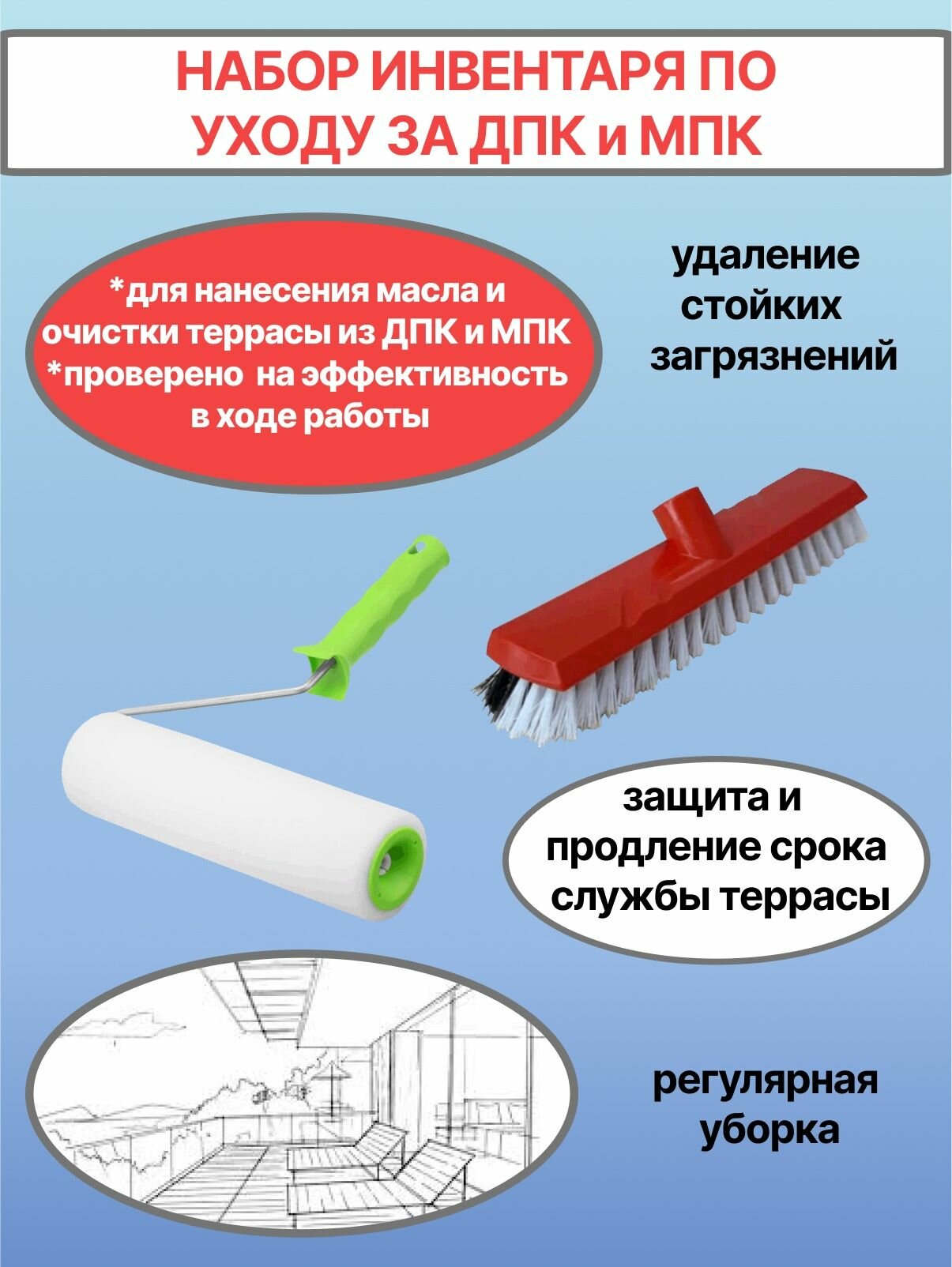 Набор инвентаря для ухода и очистки террасных настилов из ДПК и МПК