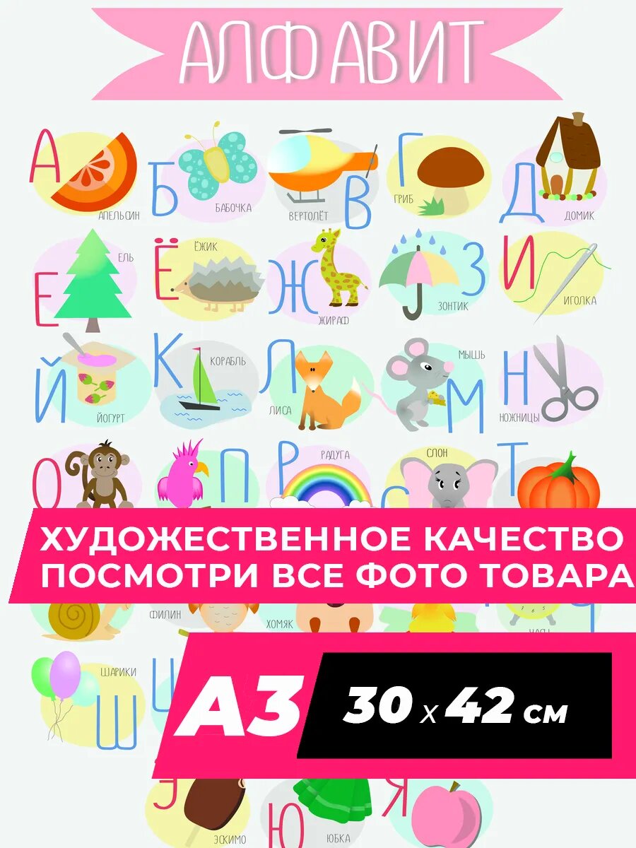 Плакат алфавит русский на стену Буквы и животные A3