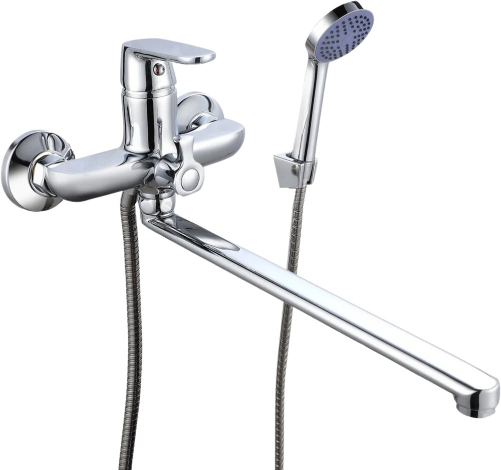 Смеситель с длинным изливом для ванны РМС SL123 SL123-006E с душевым гарнитуром, поворотный, металлический, хром, глянцевый, смеситель для ванны с душем, рычажный, с настенным держателем