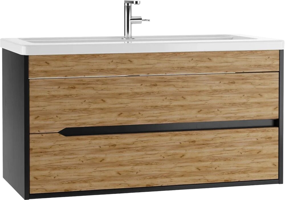 Тумба с раковиной Домино Карат (Karat) подвесная, 100,6 см, черная, светлое дерево, матовая, из МДФ, с ящиками, раковина для ванной, прямоугольная, лофт