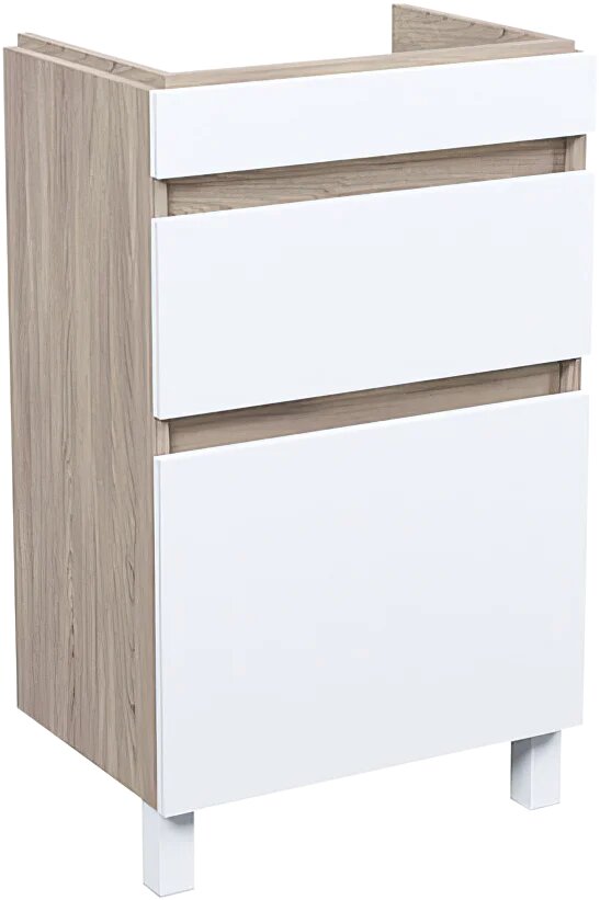 Тумба под раковину без столешницы IDDIS Zodiac 50 с ножками, белая, светлое дерево, матовая, из ЛДСП, тумба для ванной, с ящиками, с доводчиками